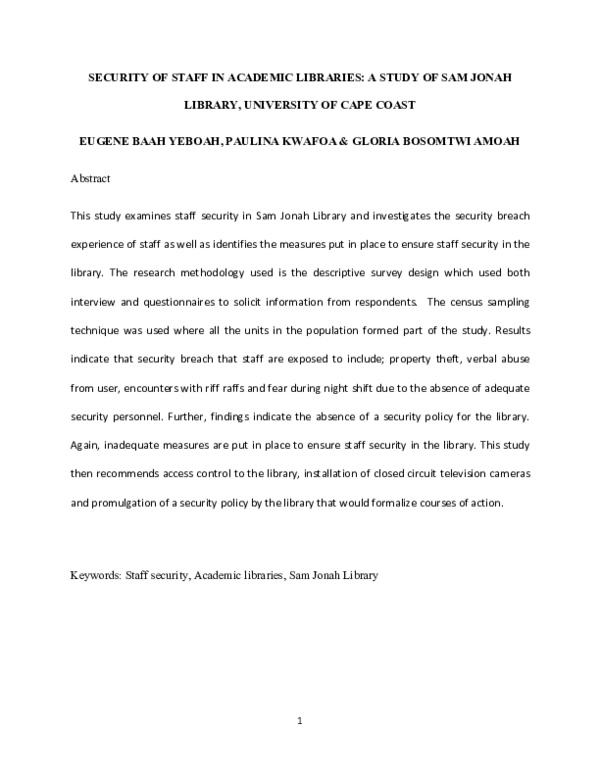 (PDF) Security of Staff in Academic Libraries: A Study of Sam Jonah ...