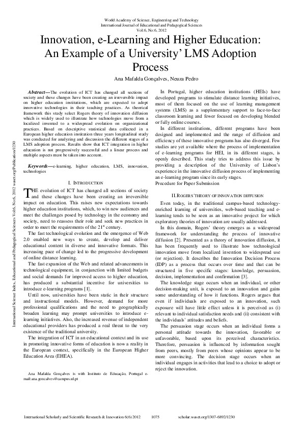 (PDF) Innovation, e-learning and higher education: an example of a ...