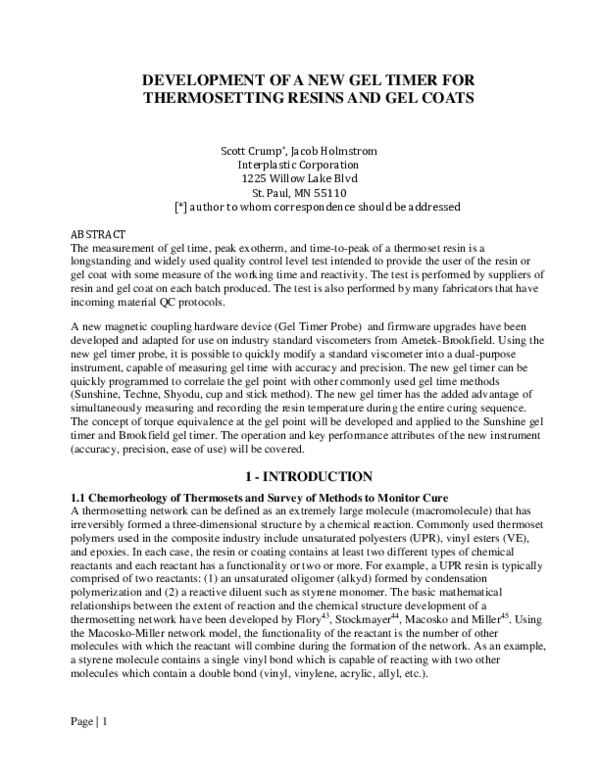 (PDF) DEVELOPMENT OF A NEW GEL TIMER FOR THERMOSETTING RESINS AND GEL COATS | Scott Crump ...