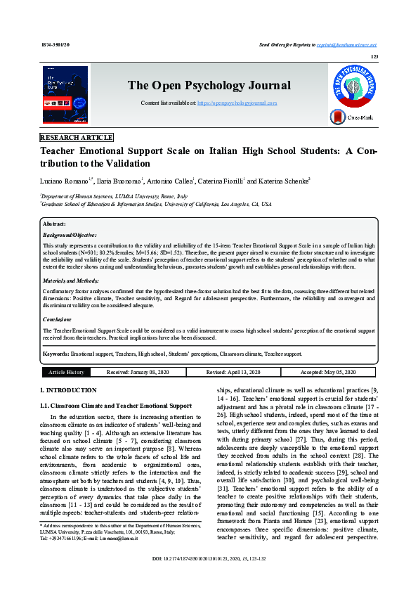 (PDF) Teacher Emotional Support Scale on Italian High School Students ...