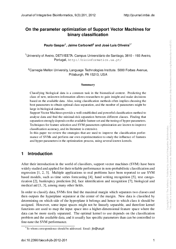 Pdf On The Parameter Optimization Of Support Vector Machines For Binary Classification Paulo