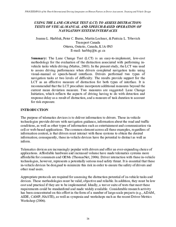 (PDF) Using the lane-change test (LCT) to assess distraction: Tests of ...