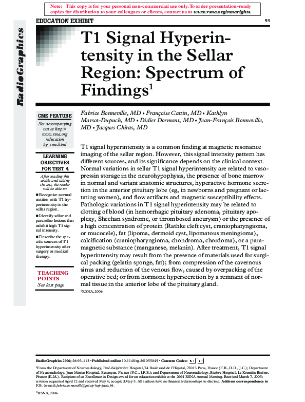 (PDF) T1 Signal Hyperintensity in the Sellar Region: Spectrum of Findings1