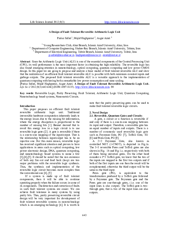 Pdf A Design Of Fault Tolerant Reversible Arithmetic Logic Unit