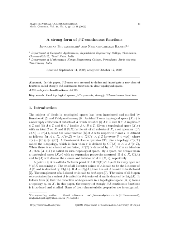 (PDF) A strong form of β-I-continuous functions | Neelamegarajan Rajesh - Academia.edu