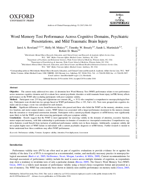 Pdf Word Memory Test Performance Across Cognitive Domains