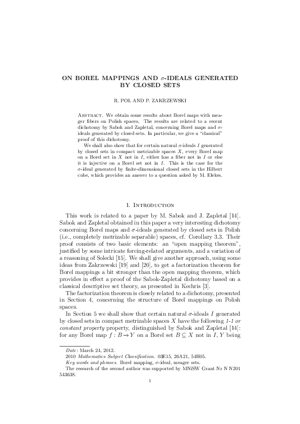 (PDF) On Borel mappings and -ideals generated by closed sets