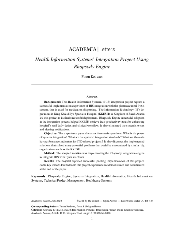 (PDF) Health Information Systems’ Integration Project Using Rhapsody Engine