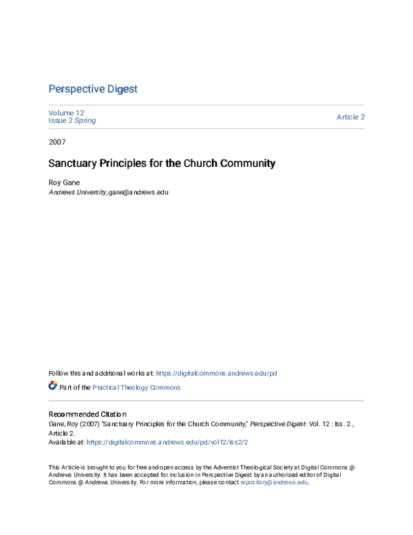 (PDF) Sanctuary Principles for the Church Community | Roy E Gane ...