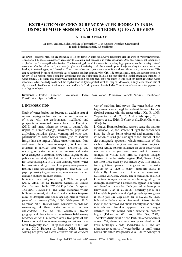 Pdf Extraction Of Open Surface Water Bodies In India Using Remote Sensing And Gis Techniques