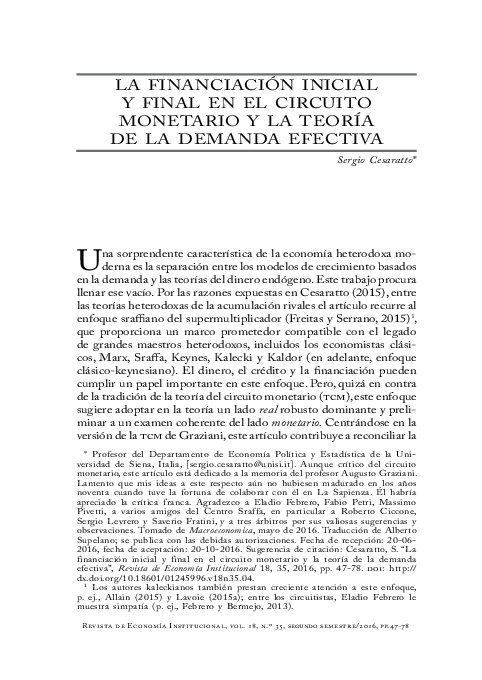 (PDF) La financiación inicial y final en el circuito monetario y la ...