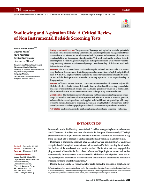 (PDF) Swallowing and Aspiration Risk: A Critical Review of Non ...