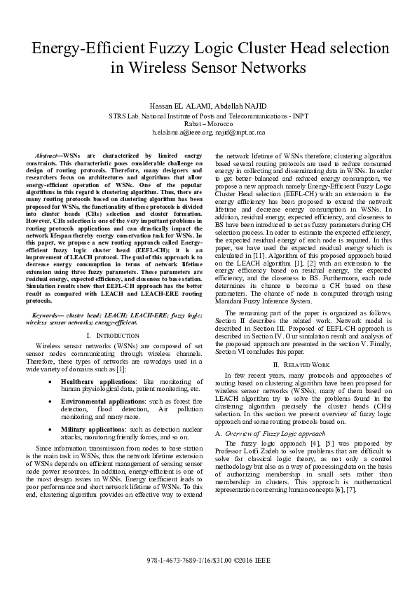 (PDF) Energy-Efficient Fuzzy Logic Cluster Head selection in Wireless Sensor Networks