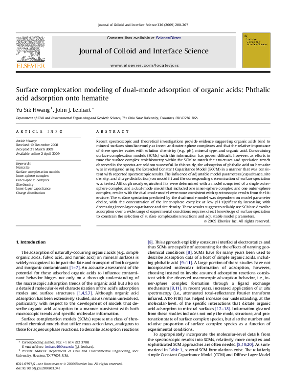 Pdf Surface Complexation Modeling Of Dual Mode Adsorption Of Organic Acids Phthalic Acid