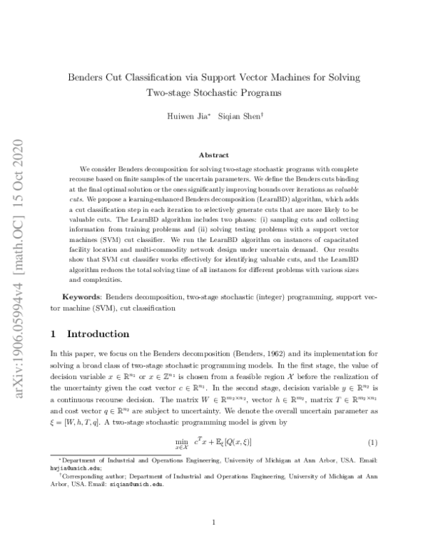 (PDF) Benders Cut Classification via Support Vector Machines for ... (PDF) Benders Cut Classification via Support Vector Machines for ...