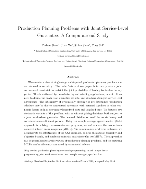 (PDF) Production planning problems with joint service-level guarantee ...