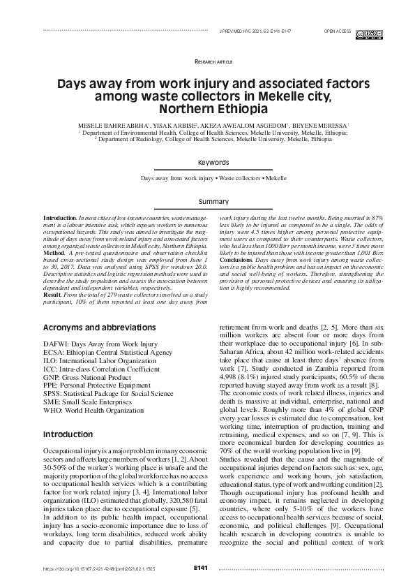 (PDF) Days away from work injury and associated factors among waste ...