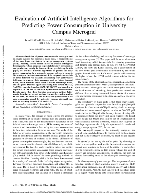 Pdf Evaluation Of Artificial Intelligence Algorithms For Predicting Power Consumption In