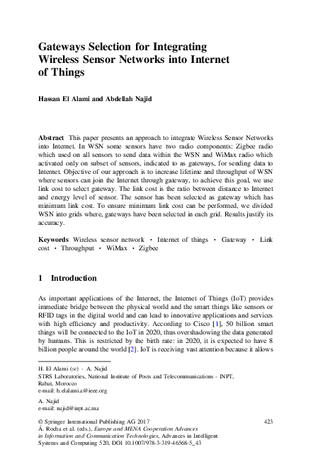 (PDF) Gateways Selection for Integrating Wireless Sensor Networks into Internet of Things