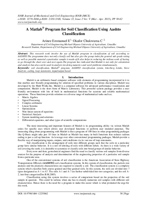 (PDF) A Matlab ® Program for Soil Classification Using Aashto Classification
