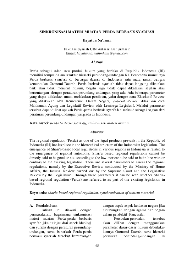 (PDF) Sinkronisasi Materi Muatan Perda Berbasis Syariah