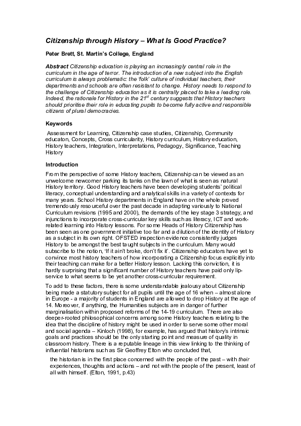 (PDF) Citizenship through History – What is good practice?