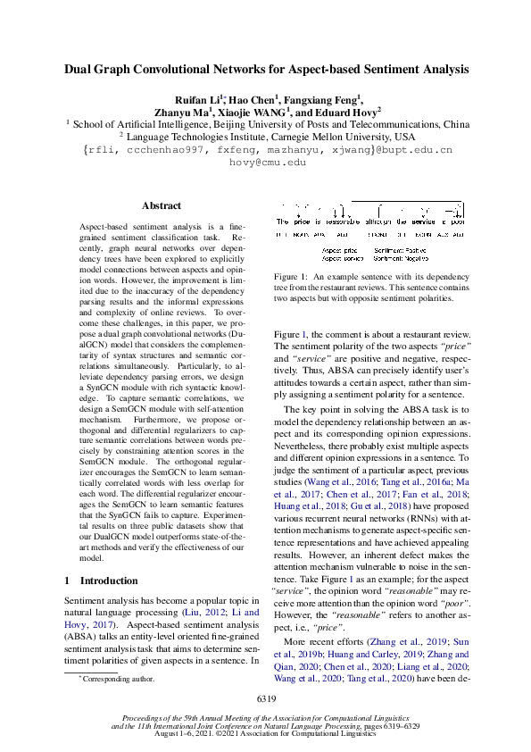 Pdf Dual Graph Convolutional Networks For Aspect Based Sentiment Analysis 