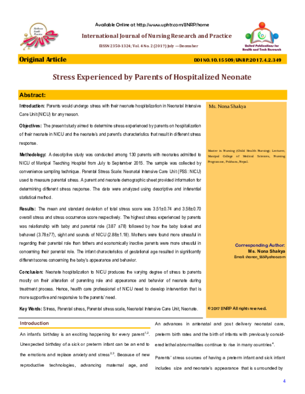 (PDF) Stress Experienced by Parents of Hospitalized Neonate