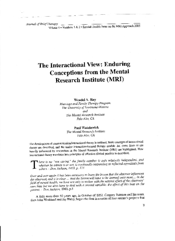 (PDF) The Interactional View: Enduring Conceptions from the Mental Research Institute (MRI