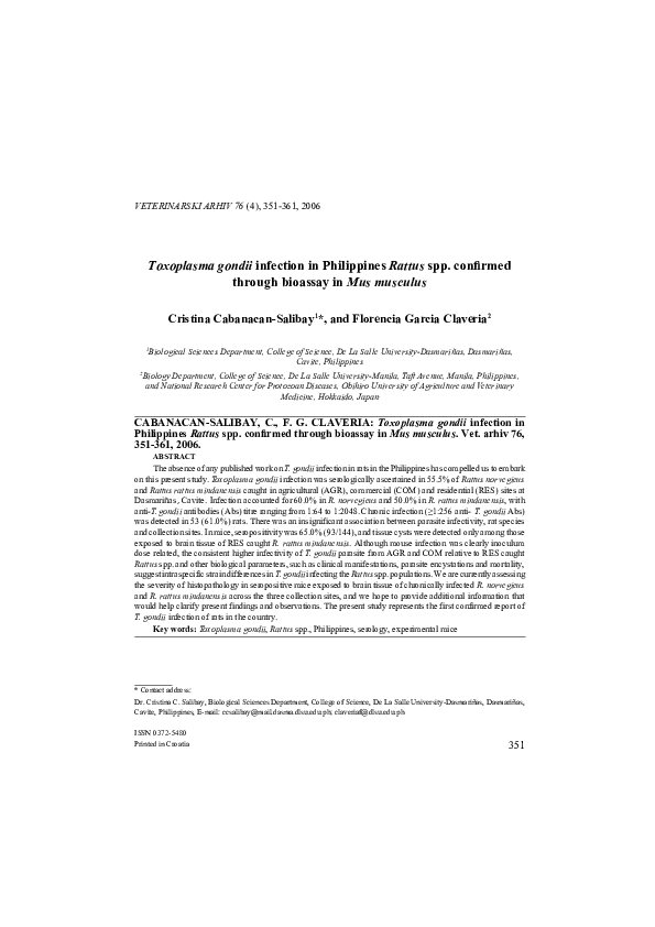(PDF) Toxoplasma gondii infection in Philippines Rattus spp. confi rmed ...