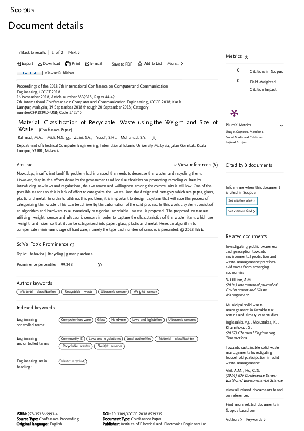 (PDF) Material Classification of Recyclable Waste using the Weight and ...