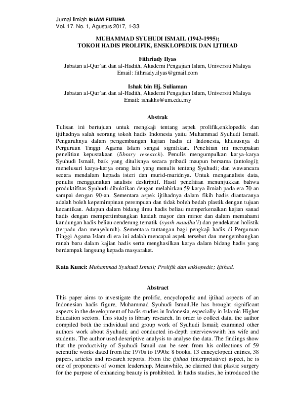 (PDF) Muhammad Syuhudi Ismail (1943-1995); Tokoh Hadith Prolifik ...