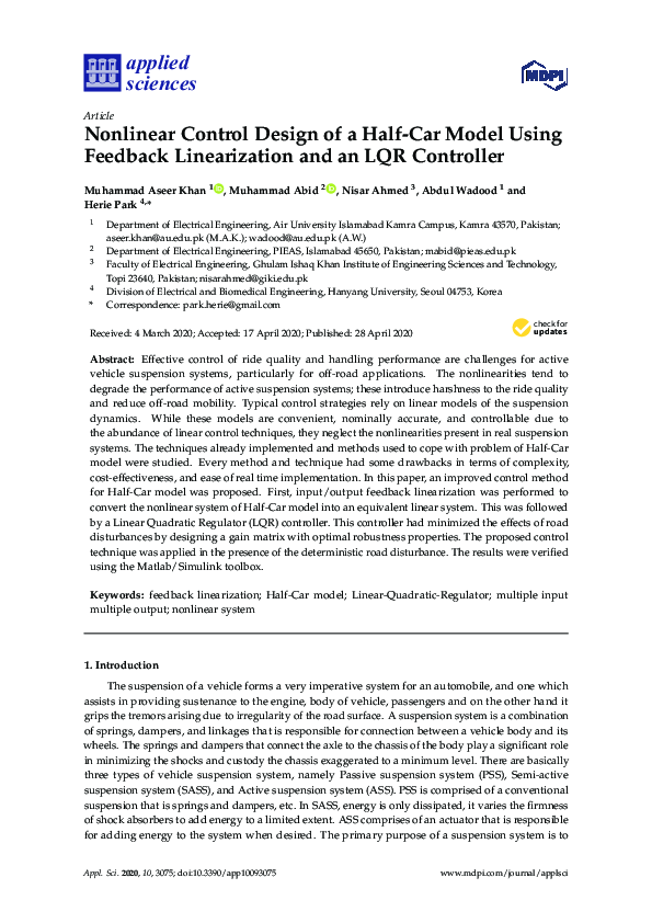 (PDF) Nonlinear Control Design of a Half-Car Model Using Feedback Linearization and an LQR ...
