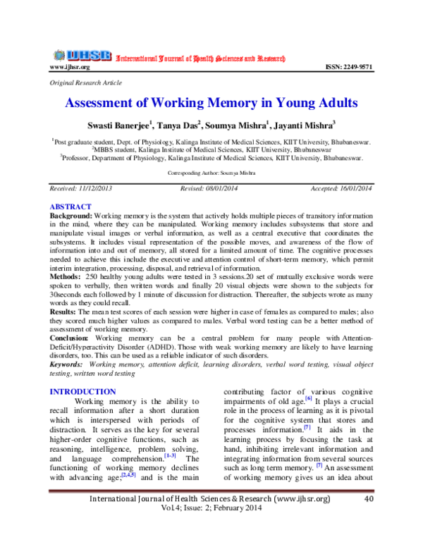 (PDF) Assessment of Working Memory in Young Adults