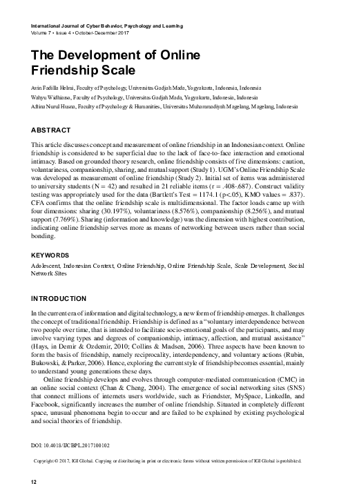 (PDF) The Development of Online Friendship Scale