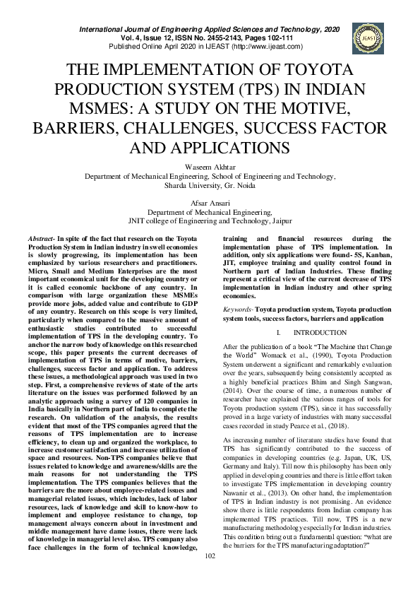 (PDF) The Implementation of Toyota Production System (TPS) in Indian Msmes: A Study on the ...