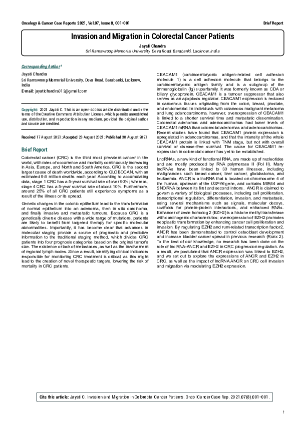 (PDF) Invasion and Migration in Colorectal Cancer Patients