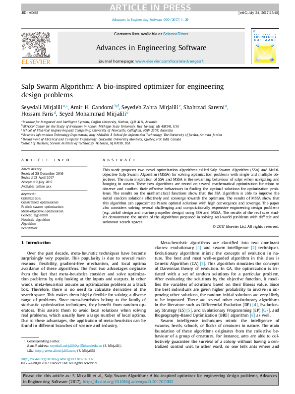 (PDF) Salp Swarm Algorithm: A bio-inspired optimizer for engineering design problems