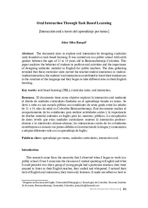 (PDF) Oral Interaction Through Task Based Learning