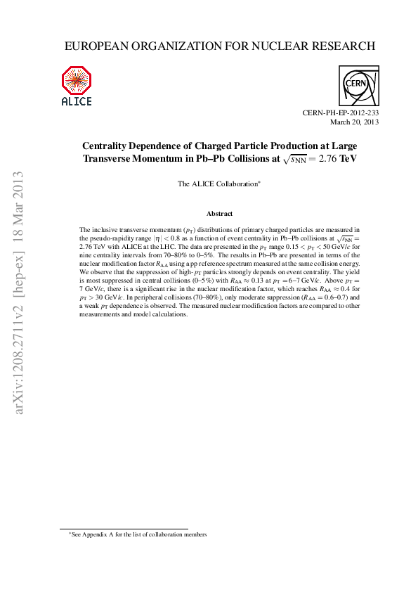(PDF) Centrality dependence of charged particle production at large transverse momentum in Pb–Pb ...