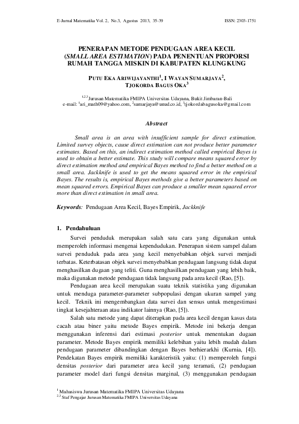 (PDF) Penerapan Metode Pendugaan Area Kecil (Small Area Estimation ... (PDF) Penerapan Metode Pendugaan Area Kecil (Small Area Estimation ...