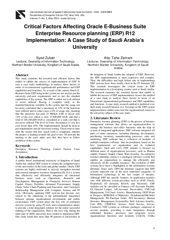 (PDF) Critical Factors Affecting Oracle E-Business Suite Enterprise Resource planning (ERP) R12 ...