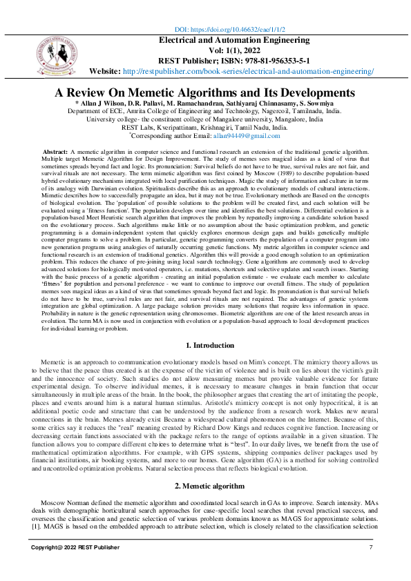 Pdf A Review On Memetic Algorithms And Its Developments