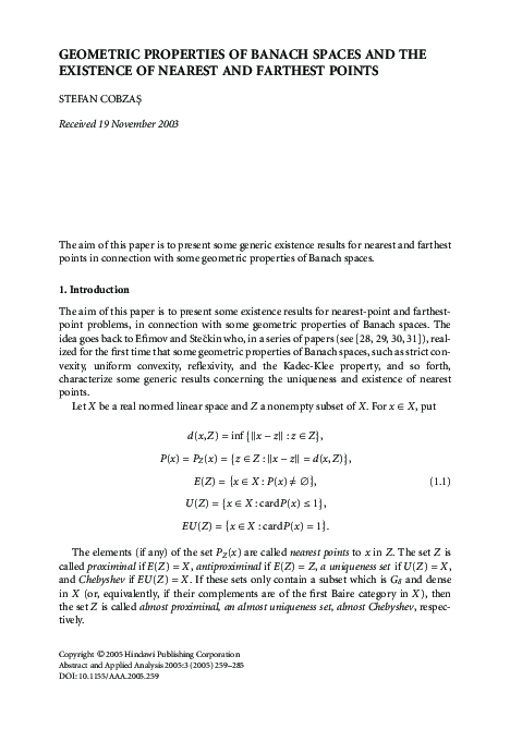 (PDF) Geometric properties of Banach spaces and the existence of nearest and farthest points
