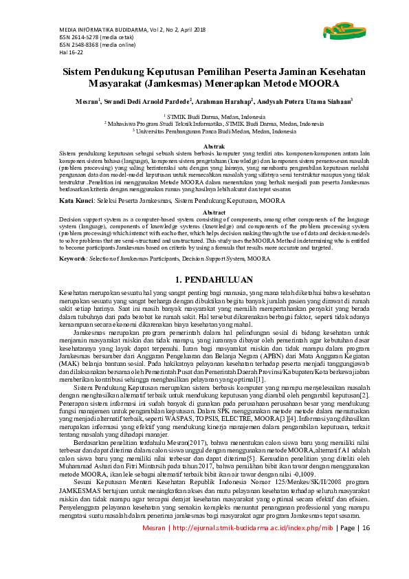 (PDF) Sistem Pendukung Keputusan Pemilihan Peserta Jaminan Kesehatan Masyarakat (Jamkesmas ...