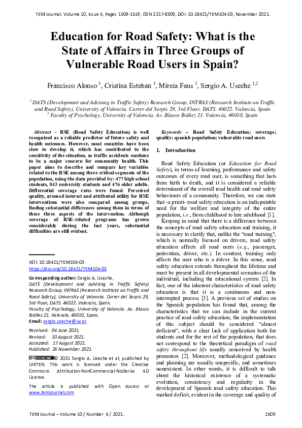 (PDF) Education for Road Safety: What is the State of Affairs in Three ...