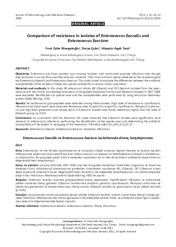 (PDF) Comparison of resistance in isolates of Enterococcus faecalis and ...