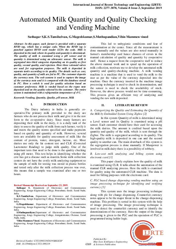(PDF) Automated Milk Quantity and Quality Checking and Vending Machine