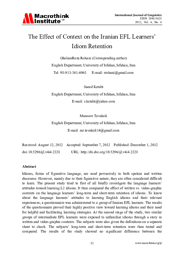 Pdf The Effect Of Context On The Iranian Efl Learners Idiom Retention