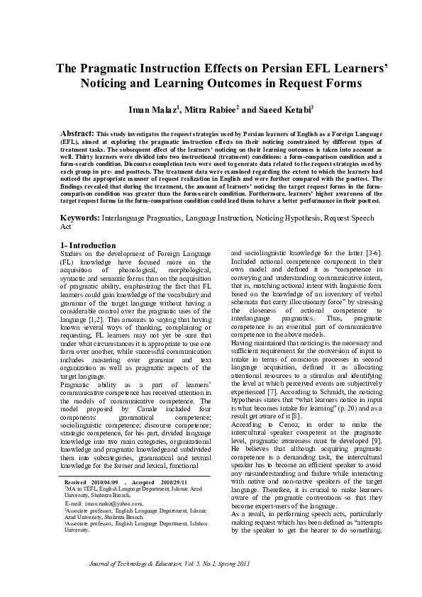 Pdf Efl Learners Noticing In Request Strategies